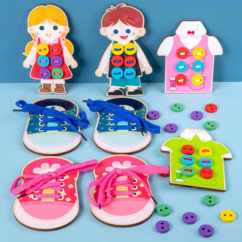 Kids Threading Toys Lacing Shoes Clothes Stringing Wooden Montessori ...