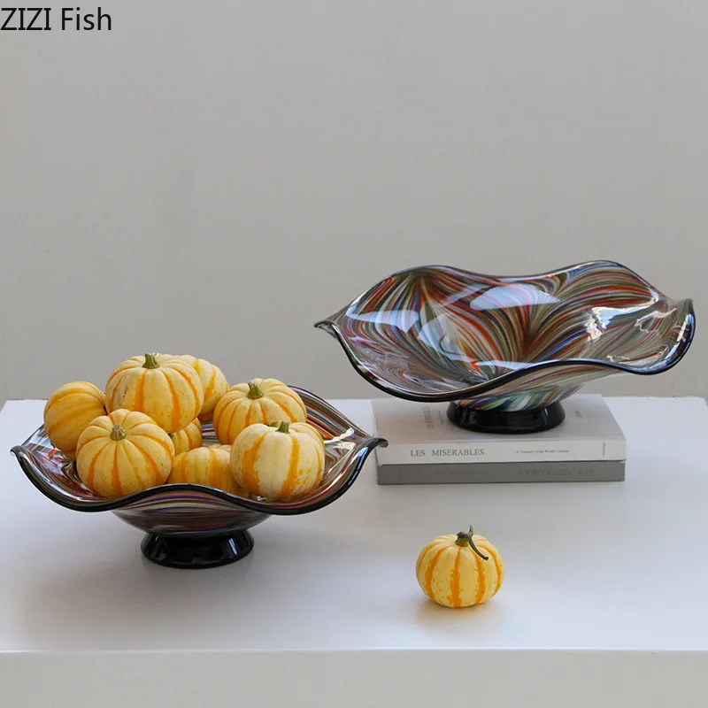 Colorful Stripes Glass Fruits Tray Wavy Edge Fruit Bowl Decorative ...