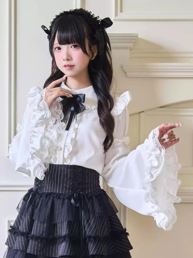 Japanese Lolita Lace Patchwork Blousewomen Harajuku Fairy Flare Sleeve ...