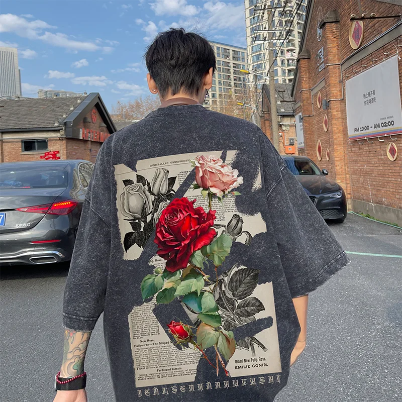 Gothic Washed T-Shirt for Men Vintage Rose Graphic Short Sleeve Tee ...