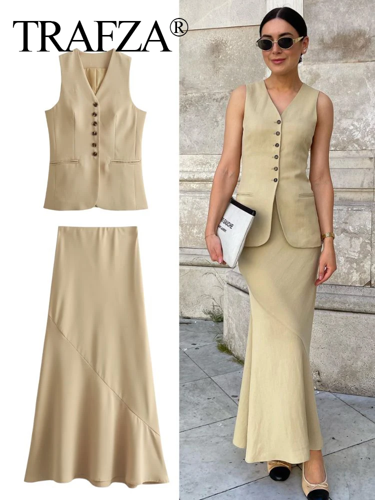 TRAFZA-Women-Vest-Skirt-Sets-Female-Khaki-Long-Blazer-Vest-V-Neck ...