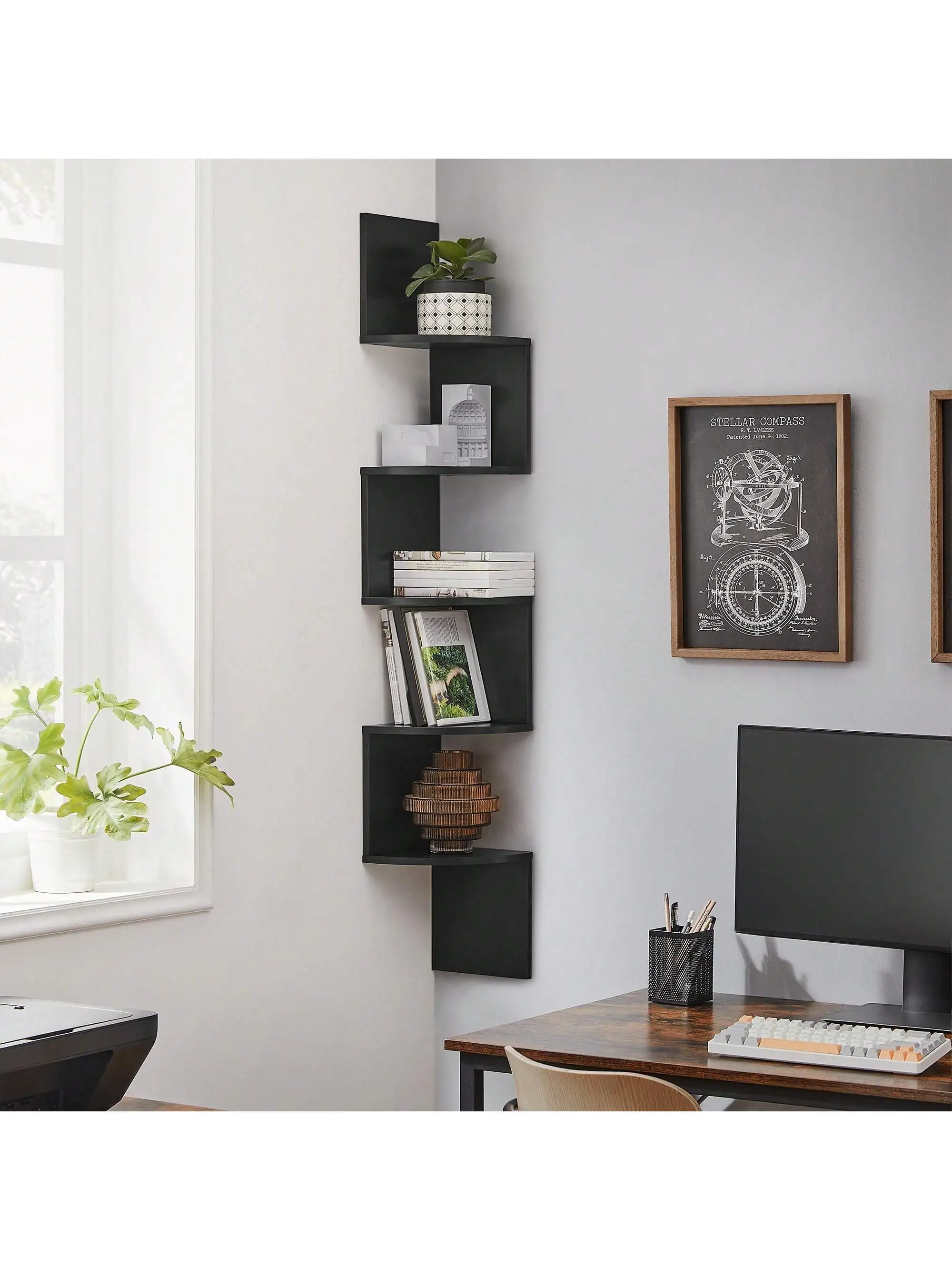 VASAGLE Corner Shelf, 5-Tier Zigzag Wall Shelf, Bookcase for Kitchen ...