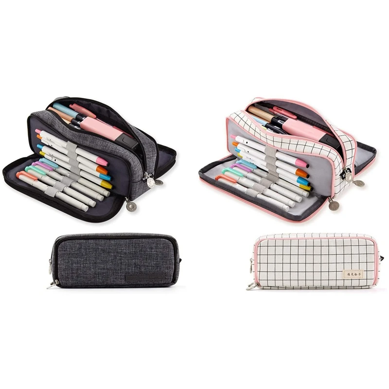 Angoo 2ชิ้นกล่องดินสอขนาดใหญ่ความจุขนาดใหญ่3ช่องกระเป๋าผ้าใส่ดินสอสีขาว ...