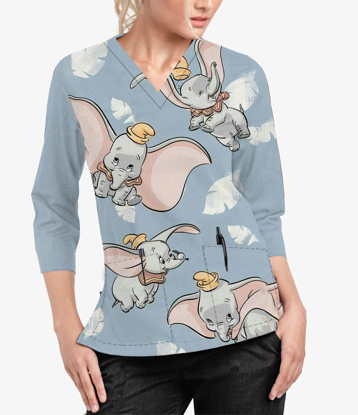 2023-Disney-Dumbo-Beauty-Salon-Nursing-Pocket-3-4-Sleeves-Printed-Scrub ...