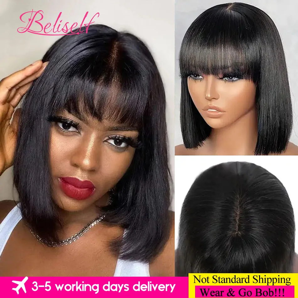 Fake Natural Scalp Short Bob Wig with Bangs Bone Straight Bob Wig 180% ...