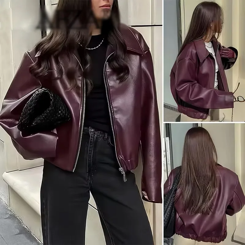 2024 Autumn Women American Style Vintage Solid Bordeaux Red Short ...