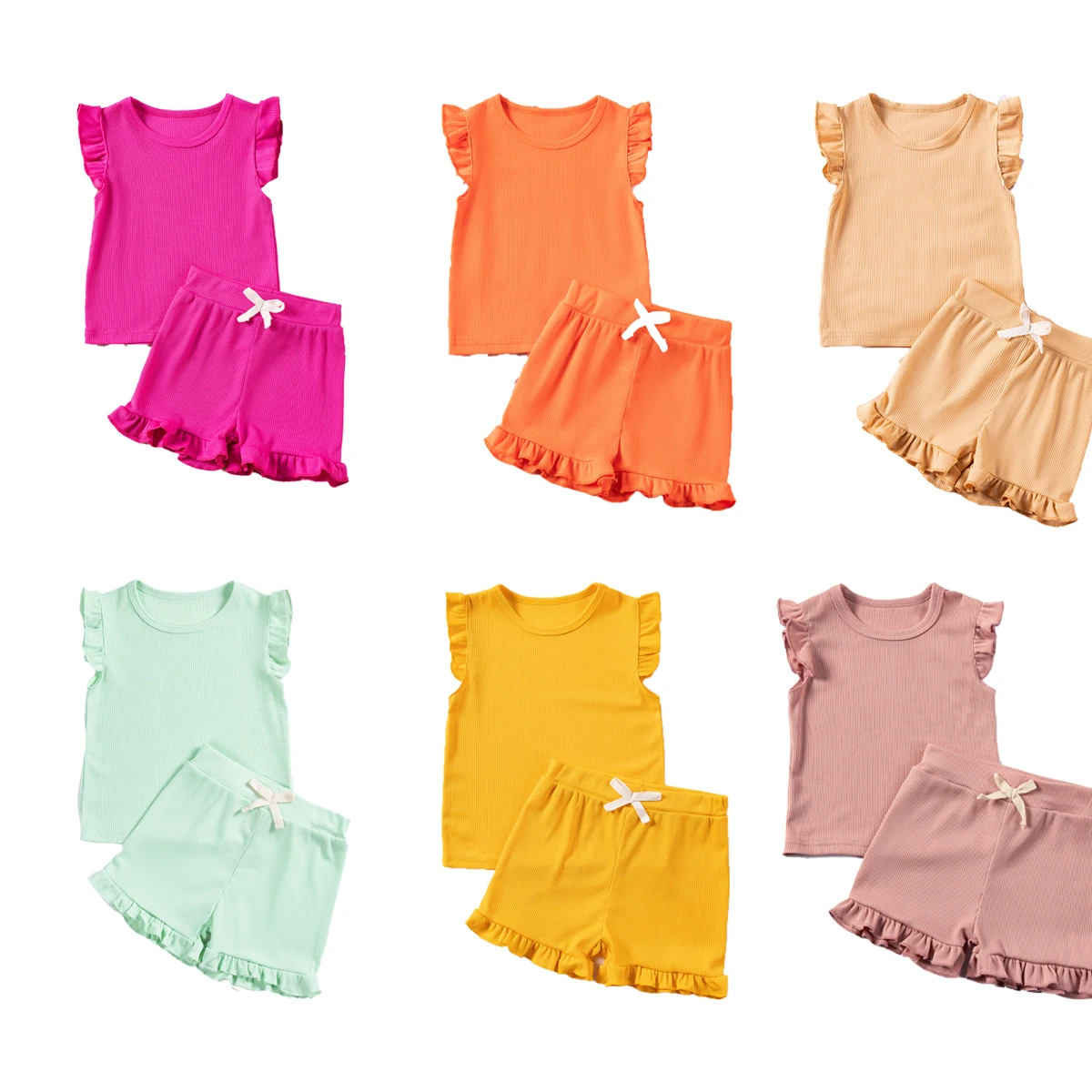 10-Colors-Girls-Solid-Color-Clothing-Set-Summer-Fly-Sleeve-Short-Sleeve ...