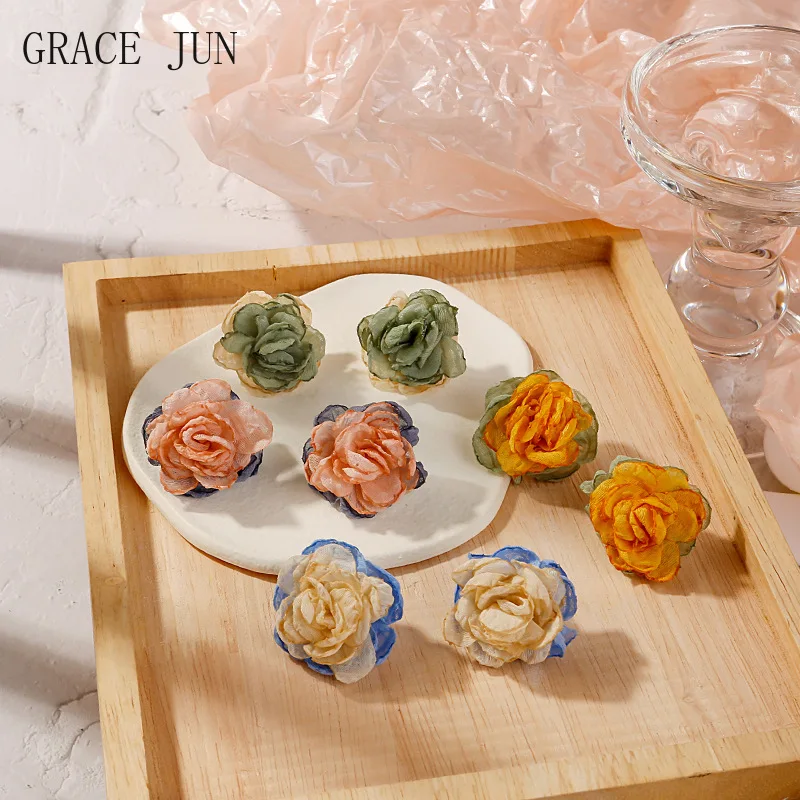 GRACE JUN New Summer Lace Rose Flower Clip on Earrings Fashion Handmade ...