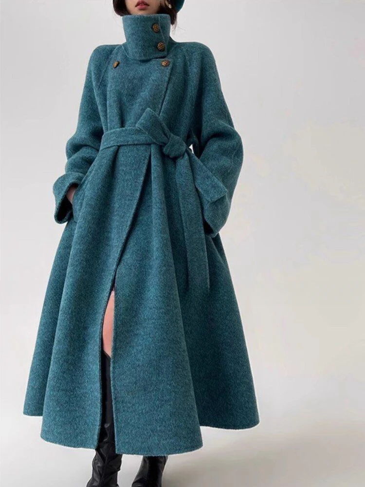 High-end Stand Collar Blue Woolen Overcoat for Women Luxury Elegant ...
