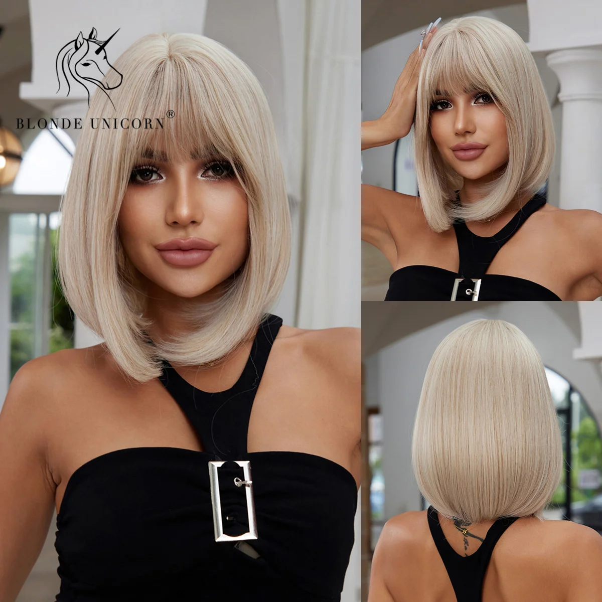 Peluca-sint-tica-con-flequillo-para-mujeres-negras-y-blancas-pelo-corto ...