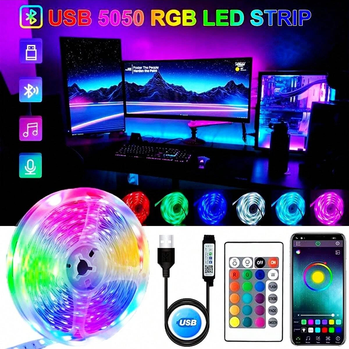 Bande-lumineuse-LED-5050-RGB-5V-USB-Bluetooth-WiFi-1-30m-ruban-flexible ...