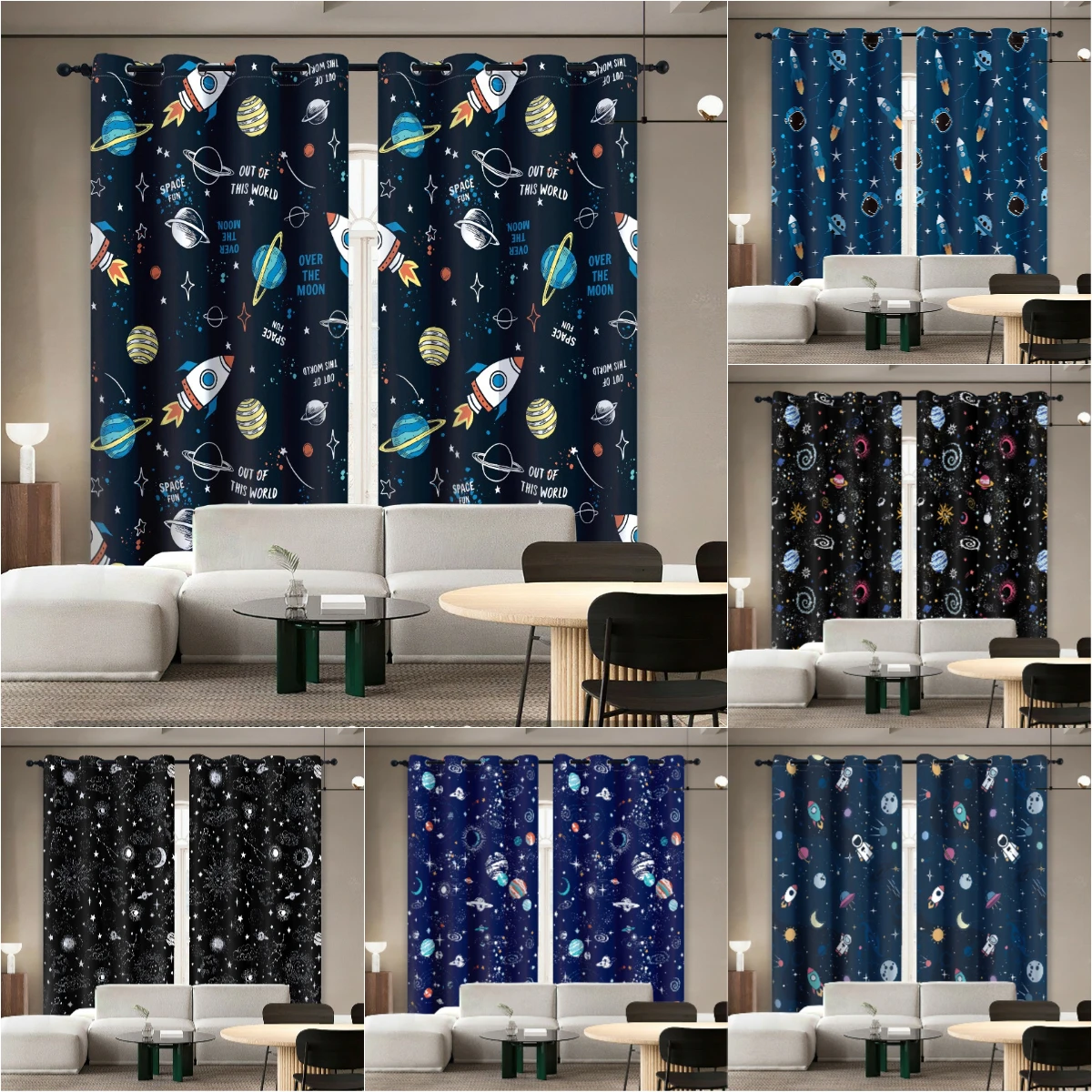 Cute-Astronaut-Window-Curtains-Spaceship-Rocket-Moon-Eyelet-Blackout ...
