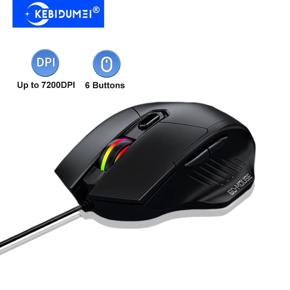 KEBIDUMEI 7200DPI Wired Gaming Mouse 6 Buttons Ergonomic Mice Optical ...