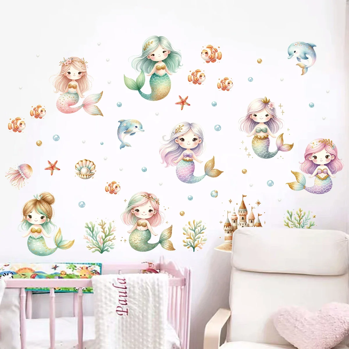 1Pc Cartoon Ocean Cute Mermaid Wall Stickers Furniture for Kids Room ...