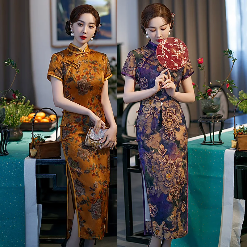 Elegant-Traditional-Mandarin-Collar-Printed-Satin-High-Split-Qipao ...