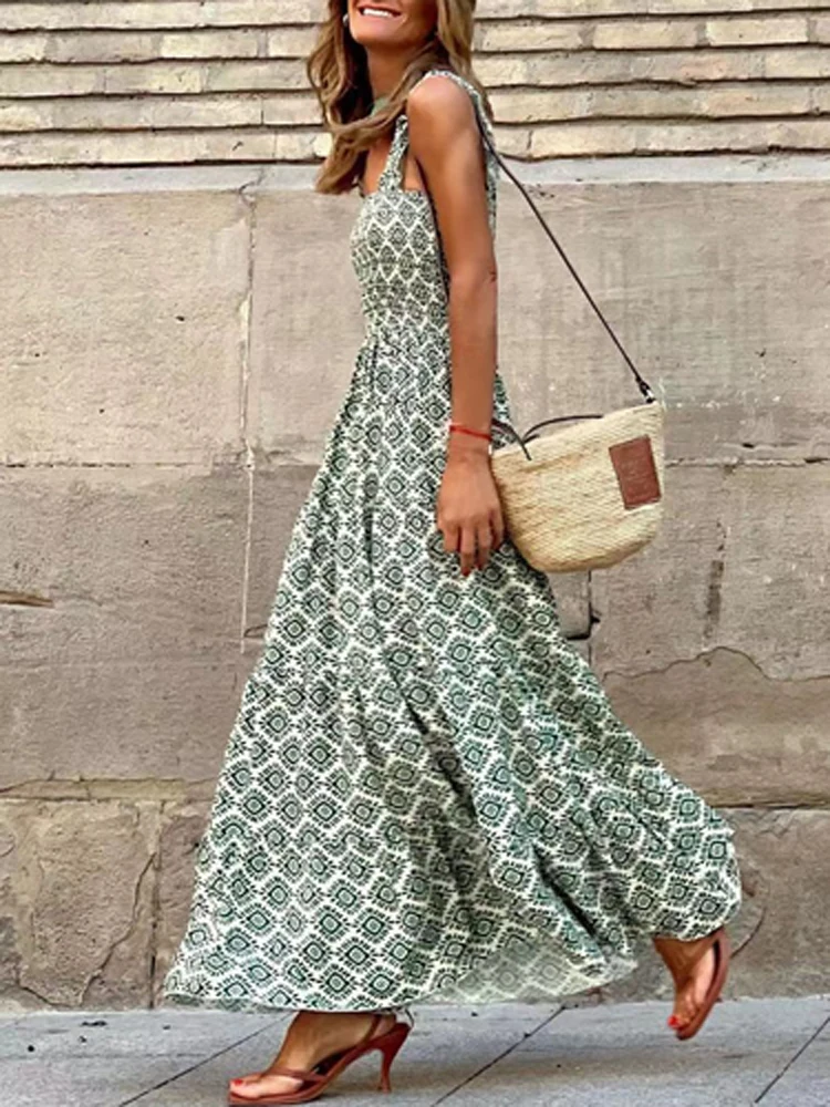 Retro Bohemian Print Sexy Sling Wrapped Bust Slim Fashion Maxi Dress