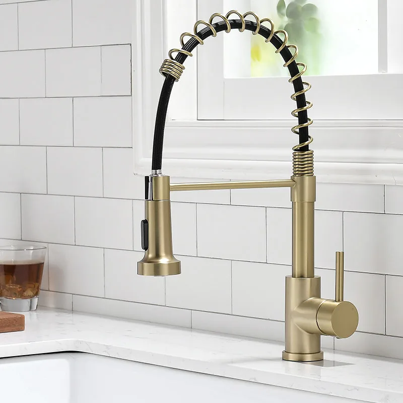 Brushed Gold Pull Down Kitchen Sink Faucet Brushed Gold Swivel Spout ...