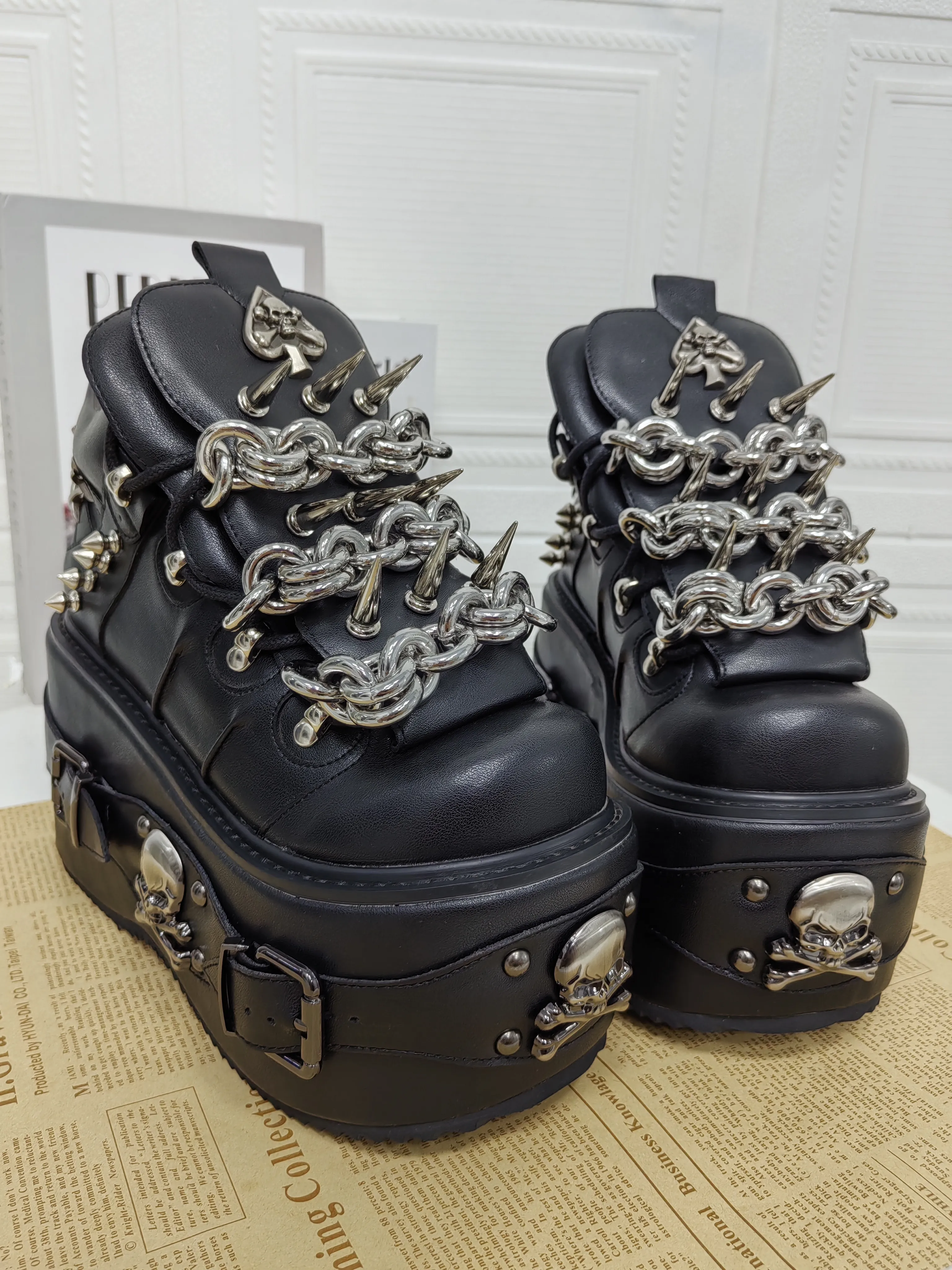 Women punk black shoes lady high wedges heels pumps girl princess ...