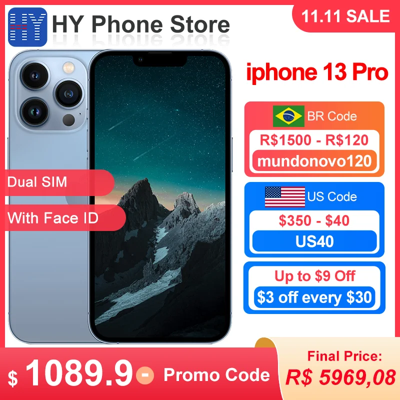 Sim duplo apple iphone 13 pro 128gb/256gb rom desbloqueado smartphone a15 bionic chip face id 6. ...