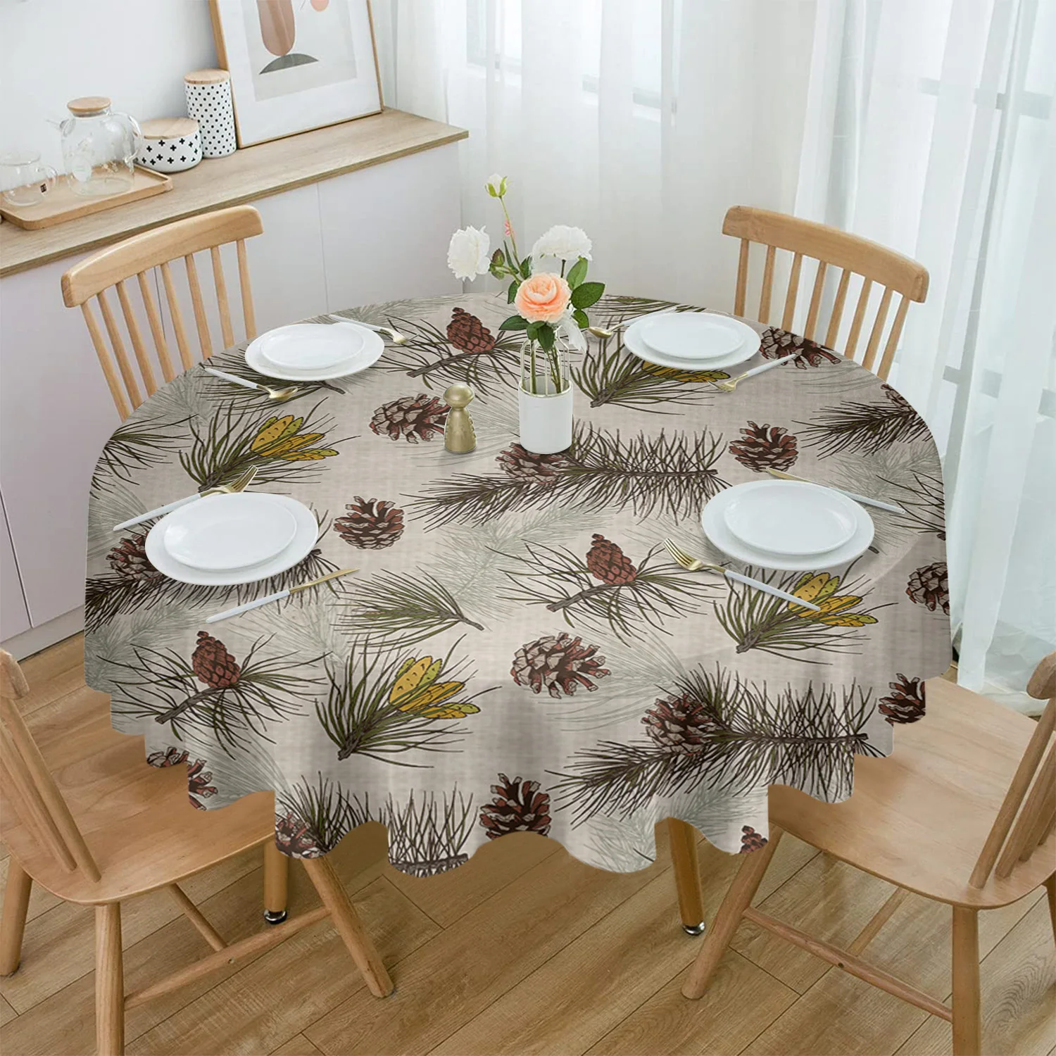 Winter-Pine-Tree-Pine-Cone-Retro-Round-Tablecloth-Waterproof-Wedding ...