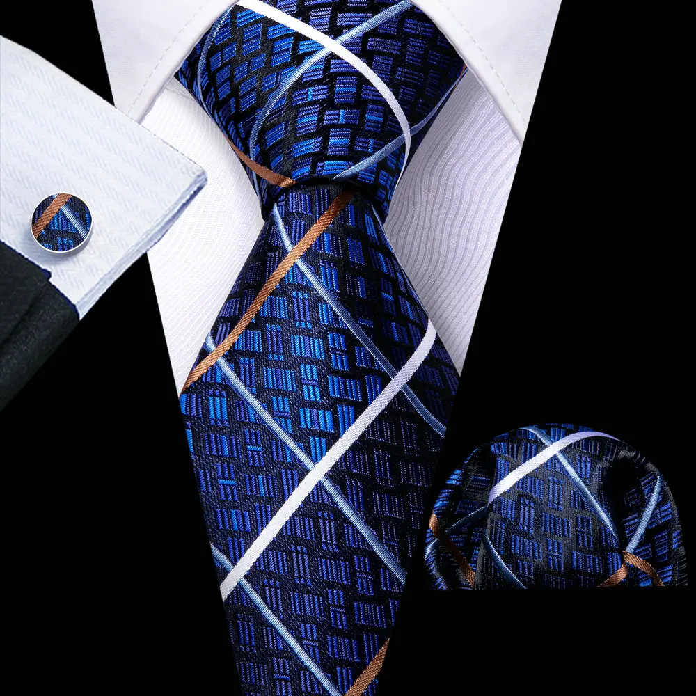 Fashion Blue Plaid Men Silk Necktie Brooches Men Tie Handkerchief ...