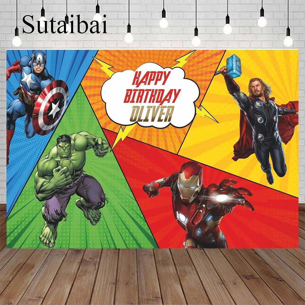 Cartoon Superhero Kids Birthday Party Backdrop 3D White Broken Wall Boy ...