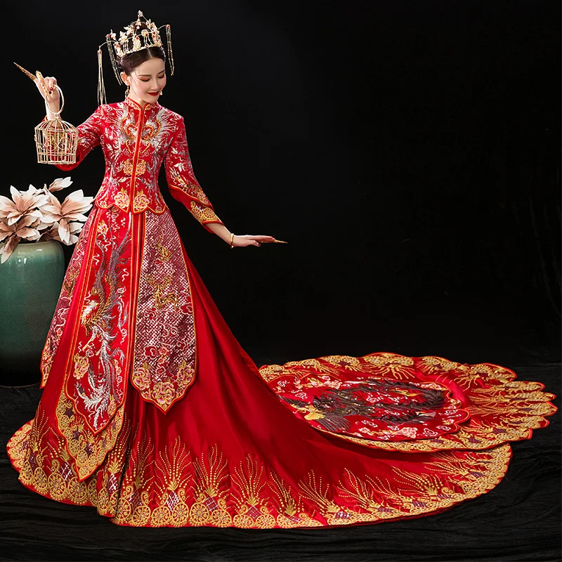 Bride-Big-Tail-Dress-Ancient-China-Costume-Luxury-Wear-Chinese-Red ...