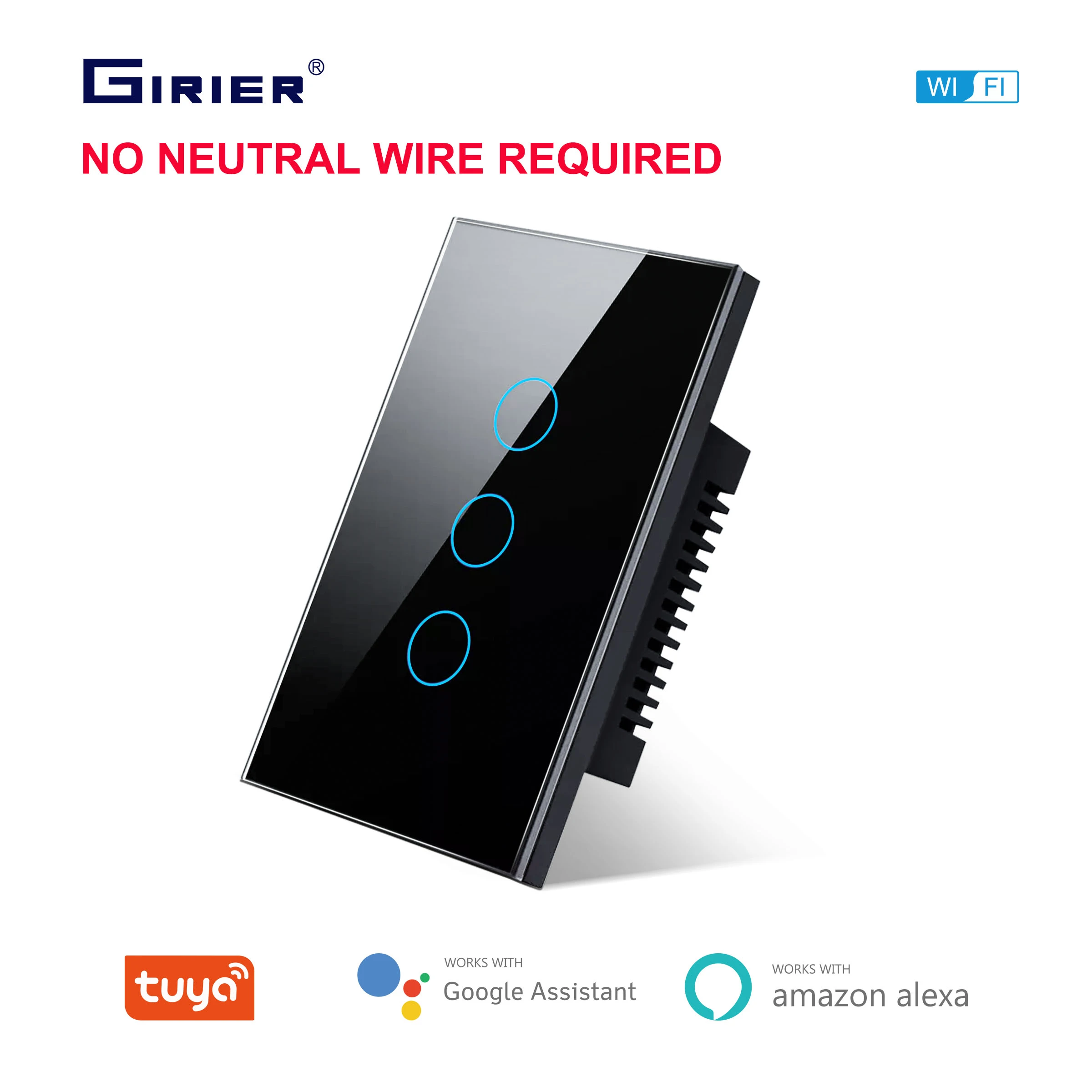 GIRIER Tuya Smart WiFi Light Switch No Neutral Wire Required 1/2/3 Gang ...