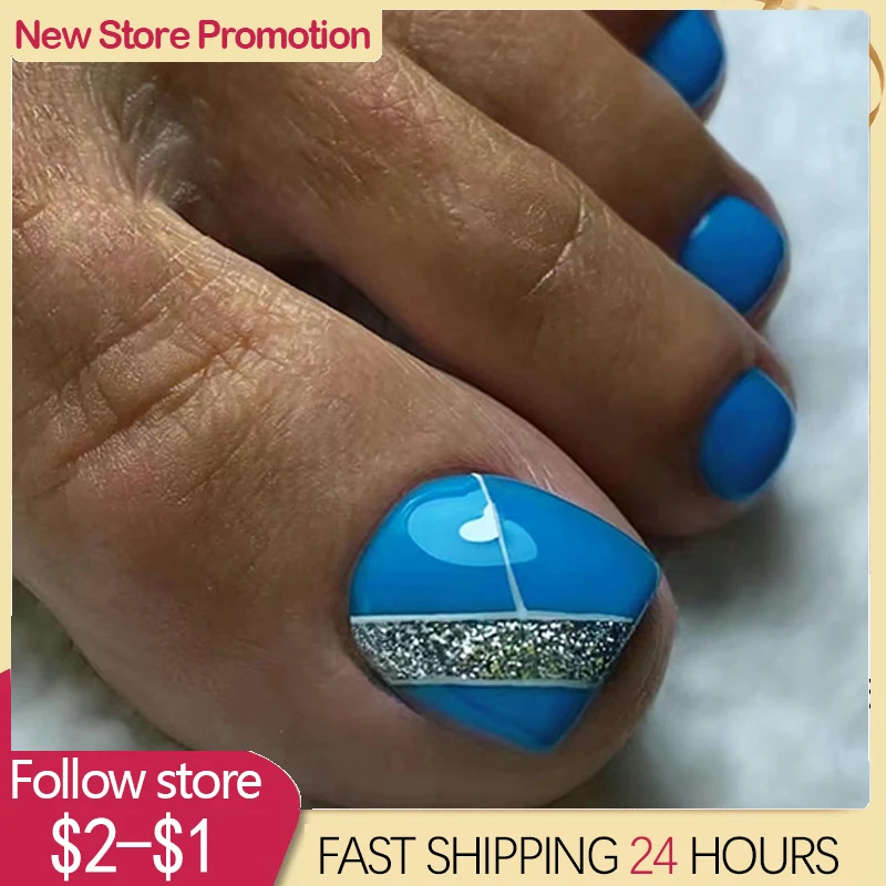 24pcs-Blue-Press-On-Toenails-Gradient-False-Toenails-Glitter-Crystal ...