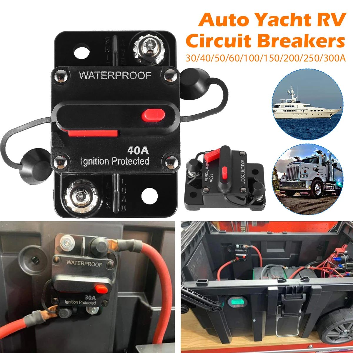 Auto Yacht RV Circuit Breaker IP67 Waterproof 12V 48V Reset Inline Fuse ...