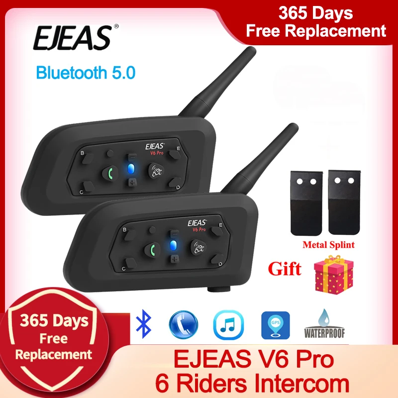 EJEAS V6 PRO Bluetooth Motorcycle Intercom Helmet Headset 6 Riders ...