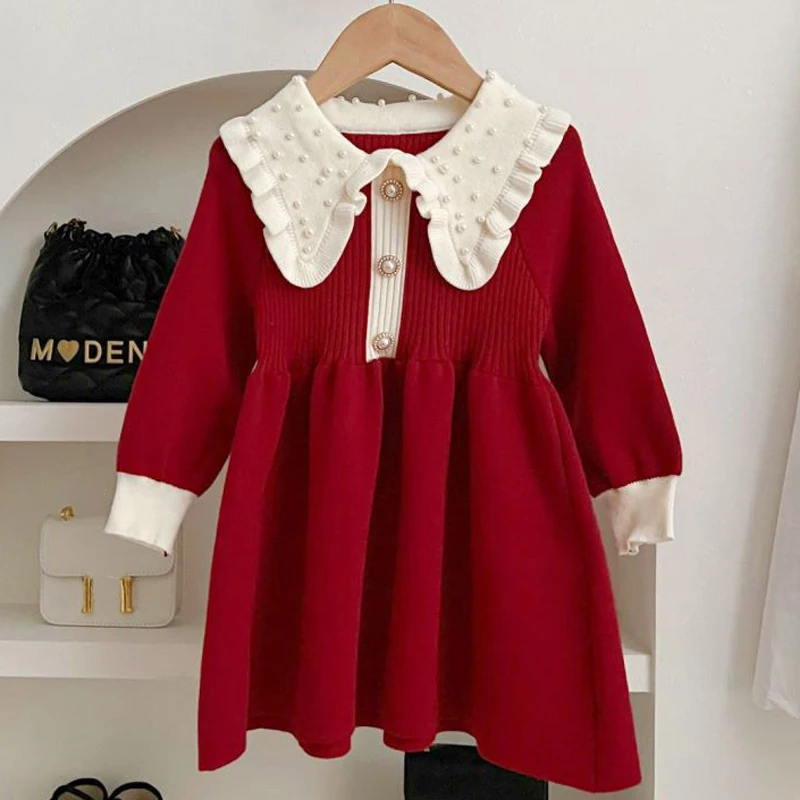 2-3-4-5-6-Years-Girls-Sweater-Dress-Splicing-Lapel-Pearl-Decoration ...