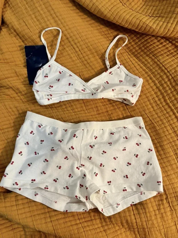 Women-Cherry-Print-Cotton-Bra-Shorts-2-Pieces-Set-Sexy-V-neck-Slim-Bras ...