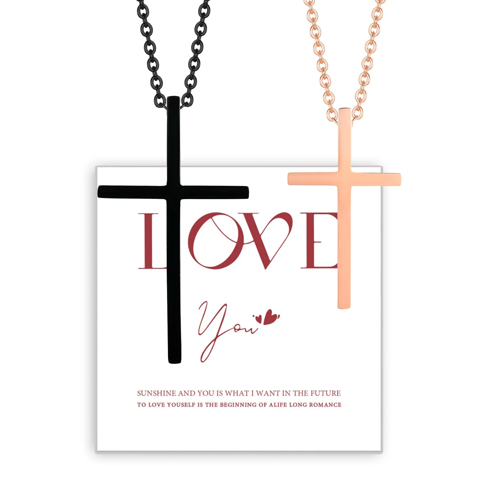 Stainless Steel Cross Pendant Necklace for Couples, Rose Gold and Black ...
