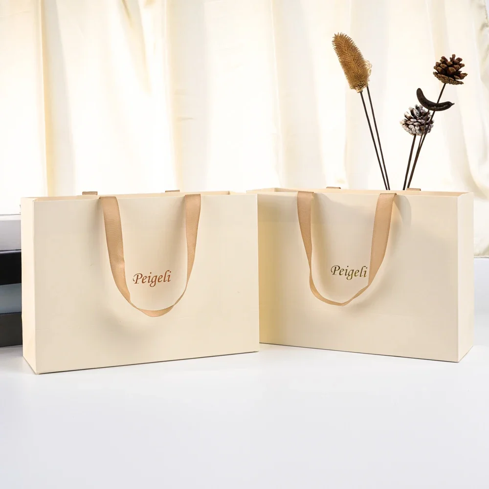 BagDream-Paper-Bag-with-Ribbon-Handle-24Pcs-Custom-Logo-Beige-Tote-Bag ...