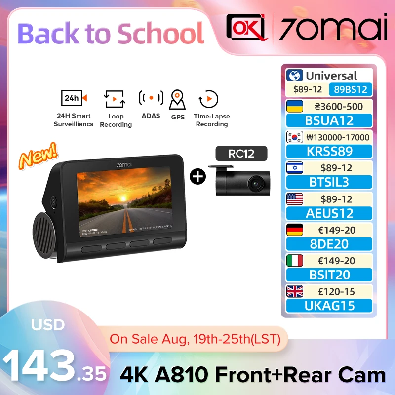 70mai-New-Dash-Cam-4K-A810-2-Set-Built-in-GPS-150-FOV-AI-Motion ...