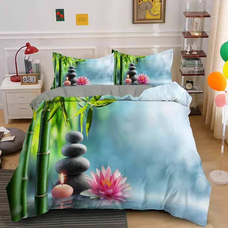 Zen Stone Green Bamboo Duvet Cover Set Nature Water Print Bedding Set ...