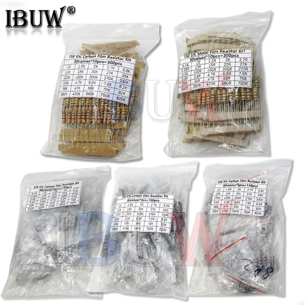 150PCS-300PCS-Resistor-Kit-1W-2W-3W-5W-5-30values-X-10PCS-Carbon-Film ...