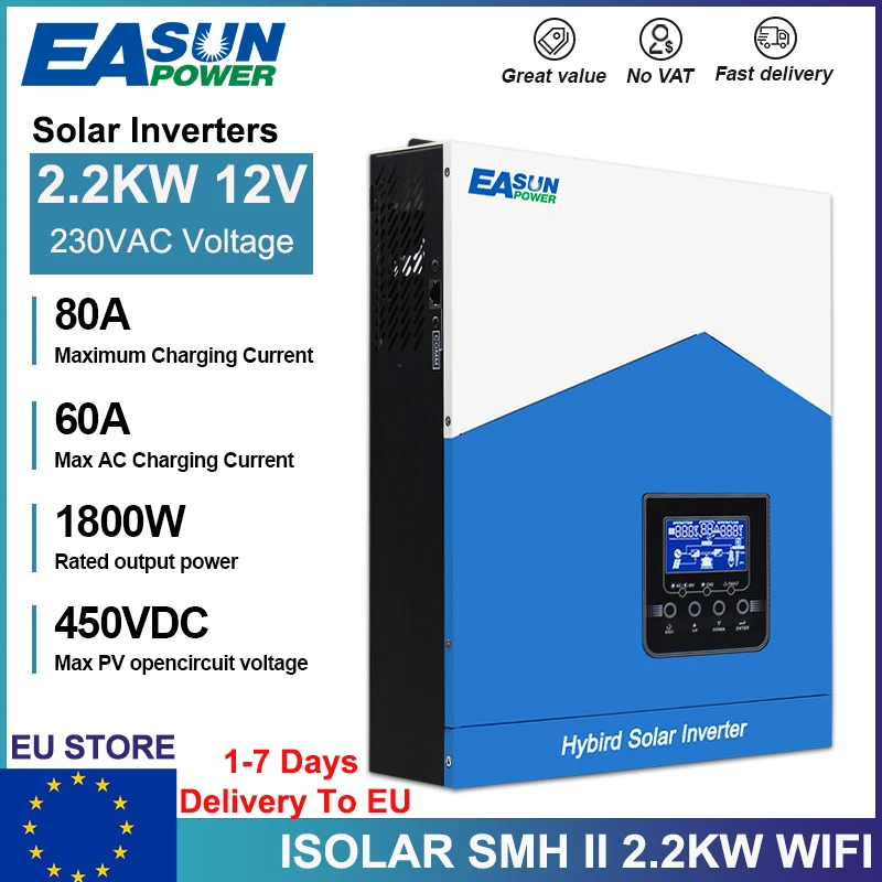 EASUN 2.2KW Hybrid Solar Inverter 12V 220V 80A MPPT Controller Pure ...