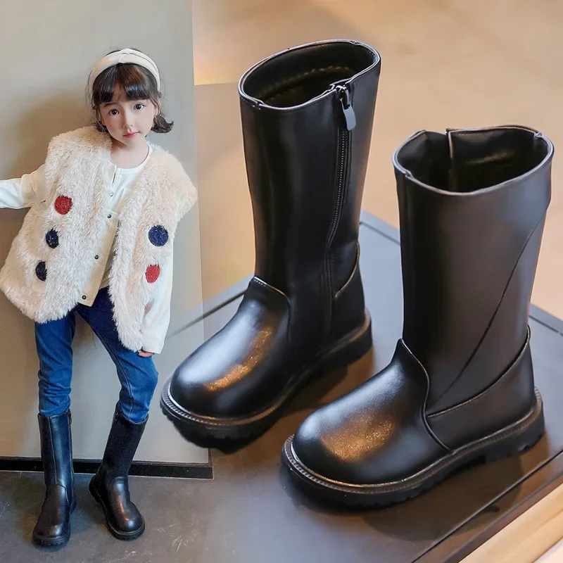 Girls-Long-Boots-Black-PU-Leather-Kids-High-Boots-2024-Autumn-Winter ...