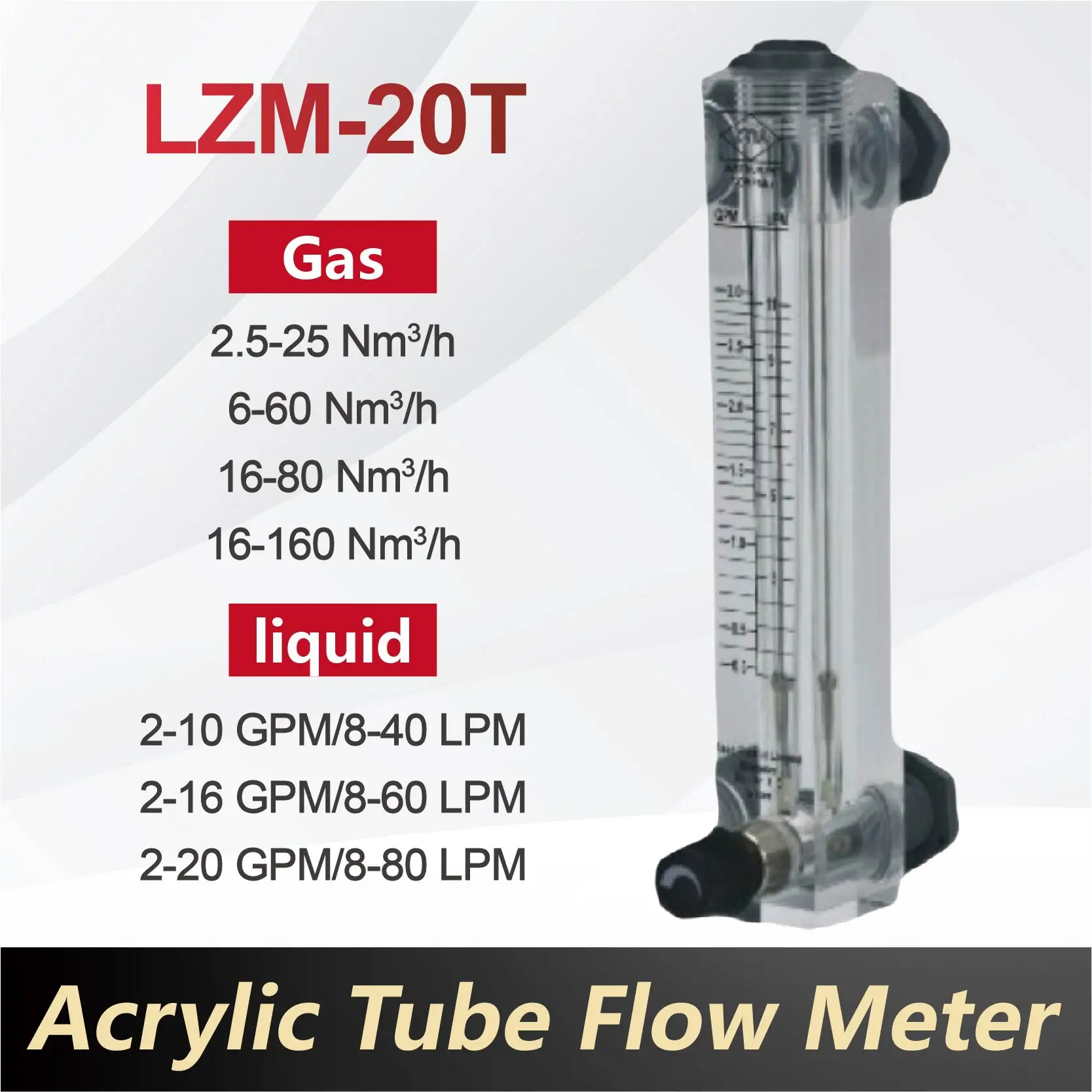 LZM-20T Acrylic Rotameter Flow Meter for Air Water Gas Liquid Panel ...