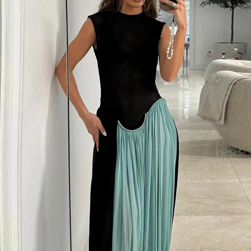 New-Women-Draped-Pleat-Party-Dress-Fashion-Contract-Color-Mesh-Splicing ...