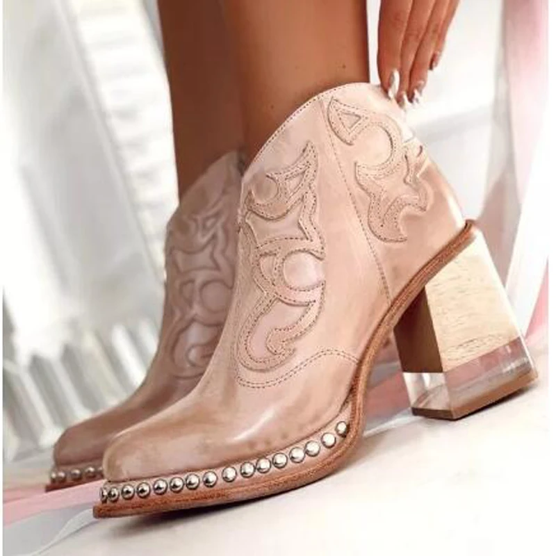 Botas bordadas con remaches para mujer, Botines de tacón alto de ...