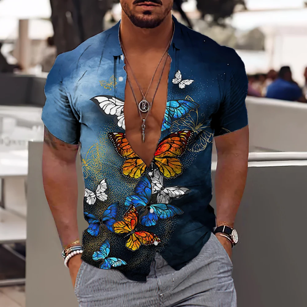 Butterfly-Pattern-Printed-Shirt-For-Men-Summer-Lapel-Shirt-Short ...