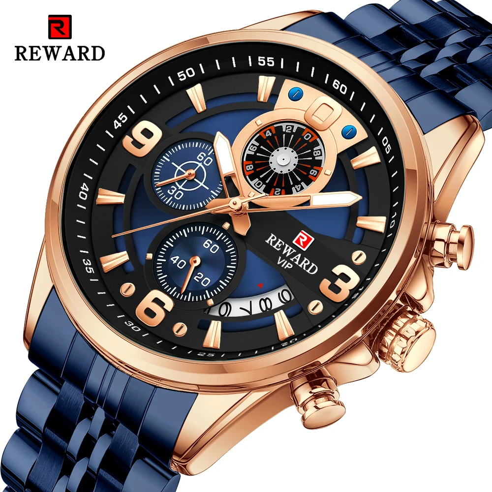 REWARD Reloj de acero inoxidable para hombre, cronógrafo de pulsera ...