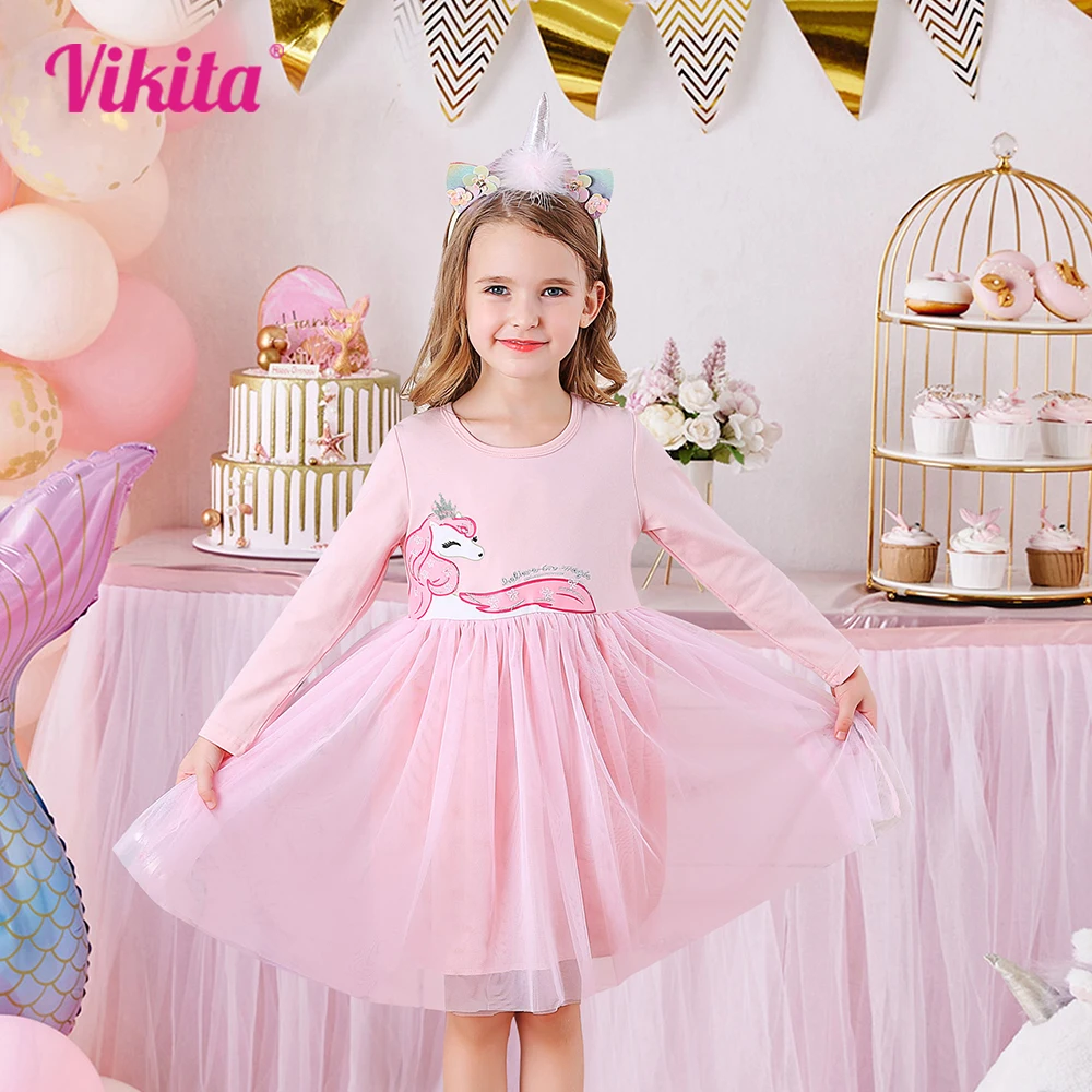 VIKITA-Girls-Unicorn-Print-Dress-Kids-Pink-Princess-Dresses-Girl-Long ...