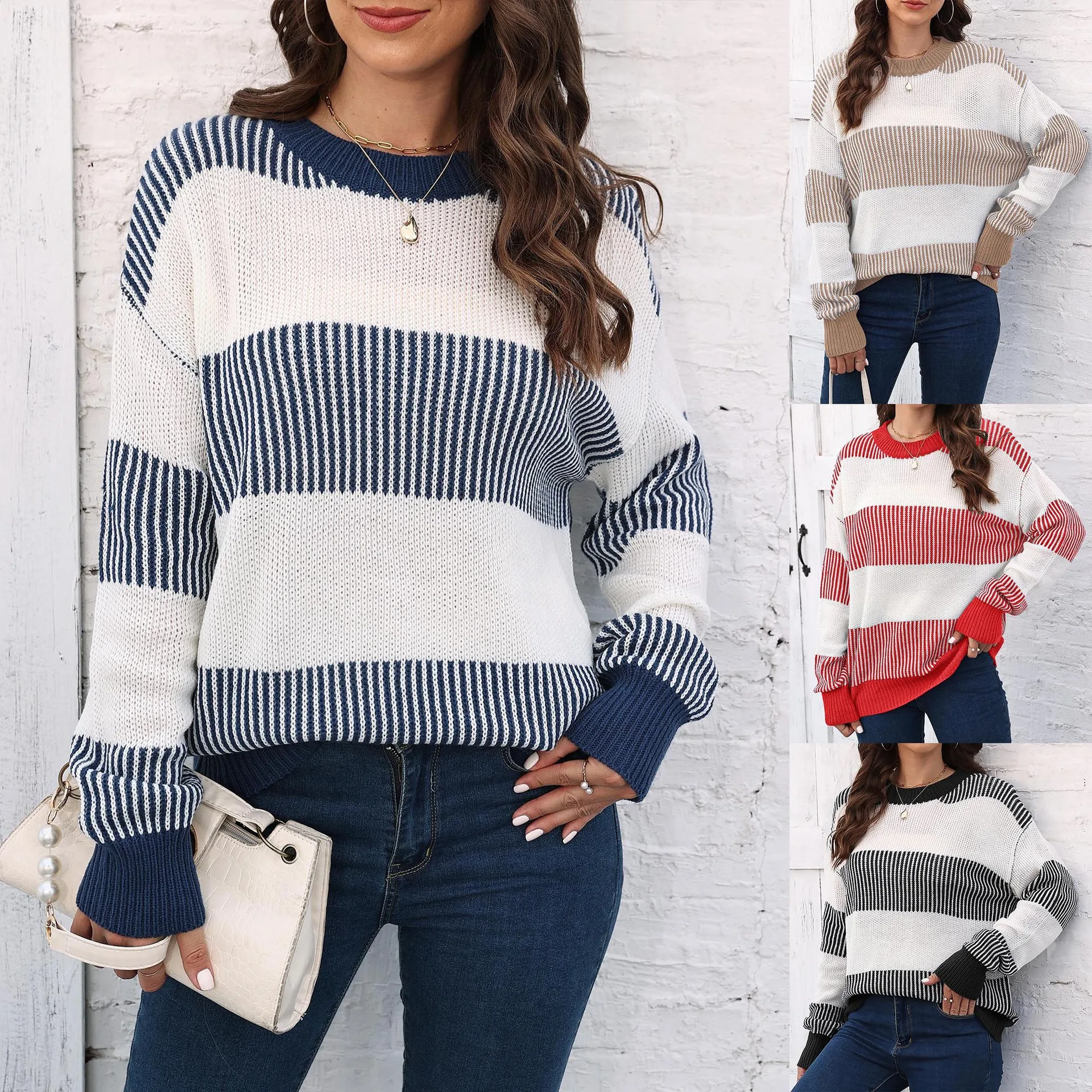 Women's Oversized Casual Pullover Sweater Color Block Striped Splicing ...