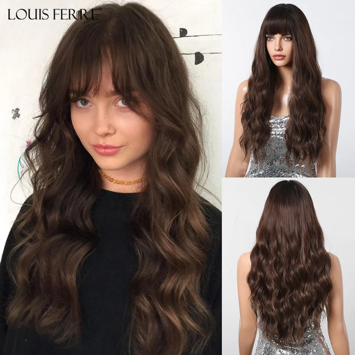 LOUIS-FERRE-Dark-Brown-Wavy-Curly-Hair-Long-Natural-Wave-Synthetic-Wigs ...