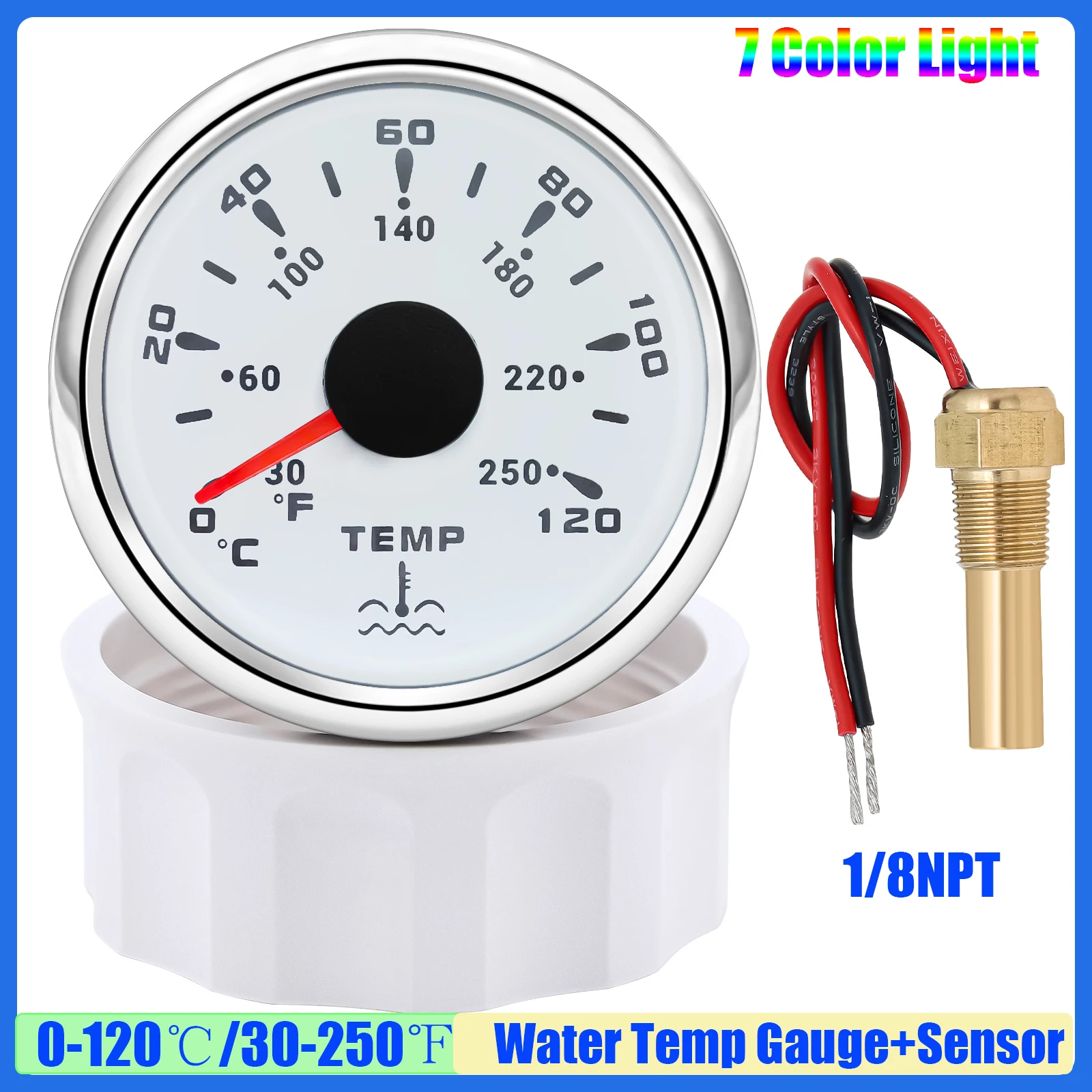 Waterproof 52mm Water Temperature Gauge with Sensor 7 Color LED 0-120 ...
