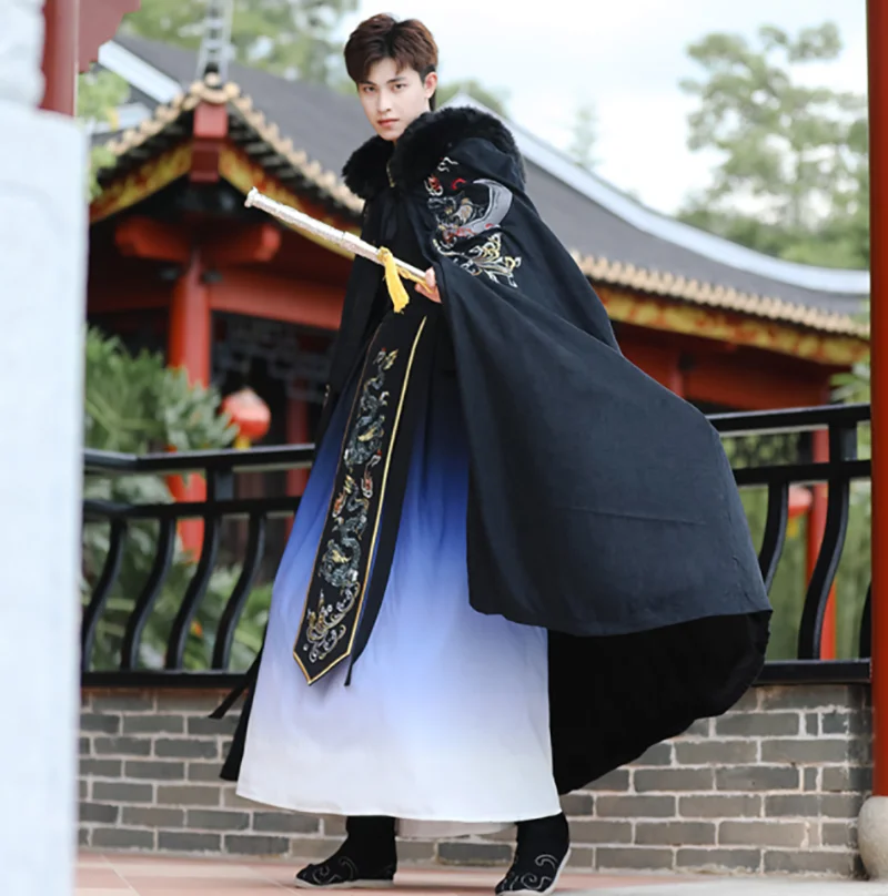 Winter Warm Men`s Hanfu Cloak Chinese Traditional Embroidery Black Cape ...